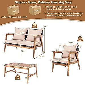 Tangkula 4-Piece Patio Furniture Set, Outdoor Acacia Wood Conversation Set with Cushions and Coffee Table, Outdoor PE Wicker Sectional Sofa Set for Garden, Poolside and Backyard (1, Beige)