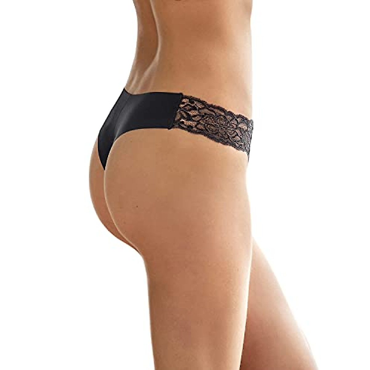 Leonisa Lace Side Seamless Thong Panty - Comfy No Show Underwear for Women Black