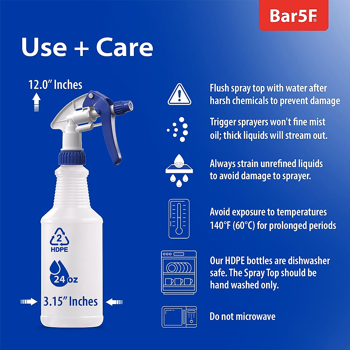 Bar5F Professional Sprayer 24-Ounce - 20 Foot Spray, Bleach Resistant, Adjustable Nozzle, All-Purpose, 3-Pack