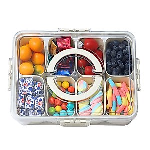 Divided Serving Tray with Lid and Handle - Snackle Box Charcuterie Container for Portable Snack Platters - Clear Organizer for Candy, Fruits, Nuts, Snacks - Perfect for Party, Entertaining