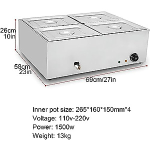 Commercial 1500W Electric Food Warmer, Stainless Steel Steam Table Buffet Server Food Warming Tray, Temperature Control, for Catering and Restaurants