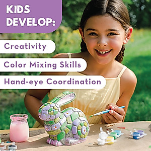 MindWare Paint Your Own Stone Bunny Rabbit - Mosaic Stepping Stone Craft Kit for Kids Includes Paint and Brush, Made of Weather Resistant Cement