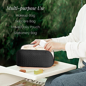 LASPERAL Travel Makeup Bag Large Capacity Cosmetic Bag Organizer Leather Waterproof Portable Compact Skincare Storage Checkered Pouch with Handle and Dividers for Women Girls Makeup Brushes (Black)