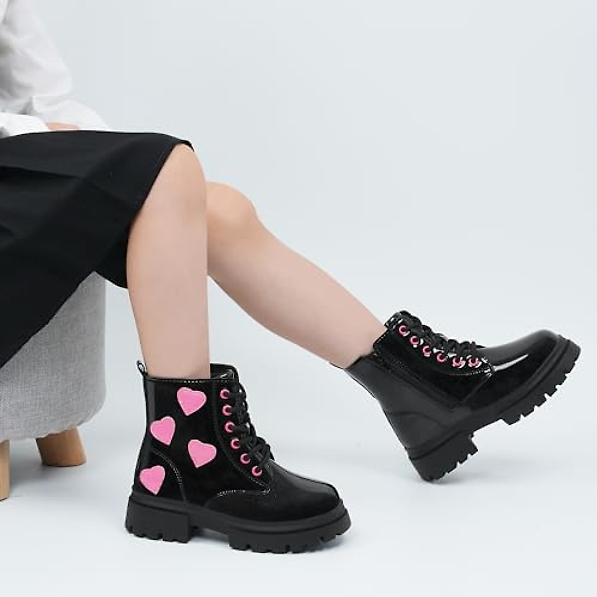 starmerx Girls Ankle Boots Lace Up Combat Boot Side Zipper Comfortable Boys Boots (2,Black Heart)