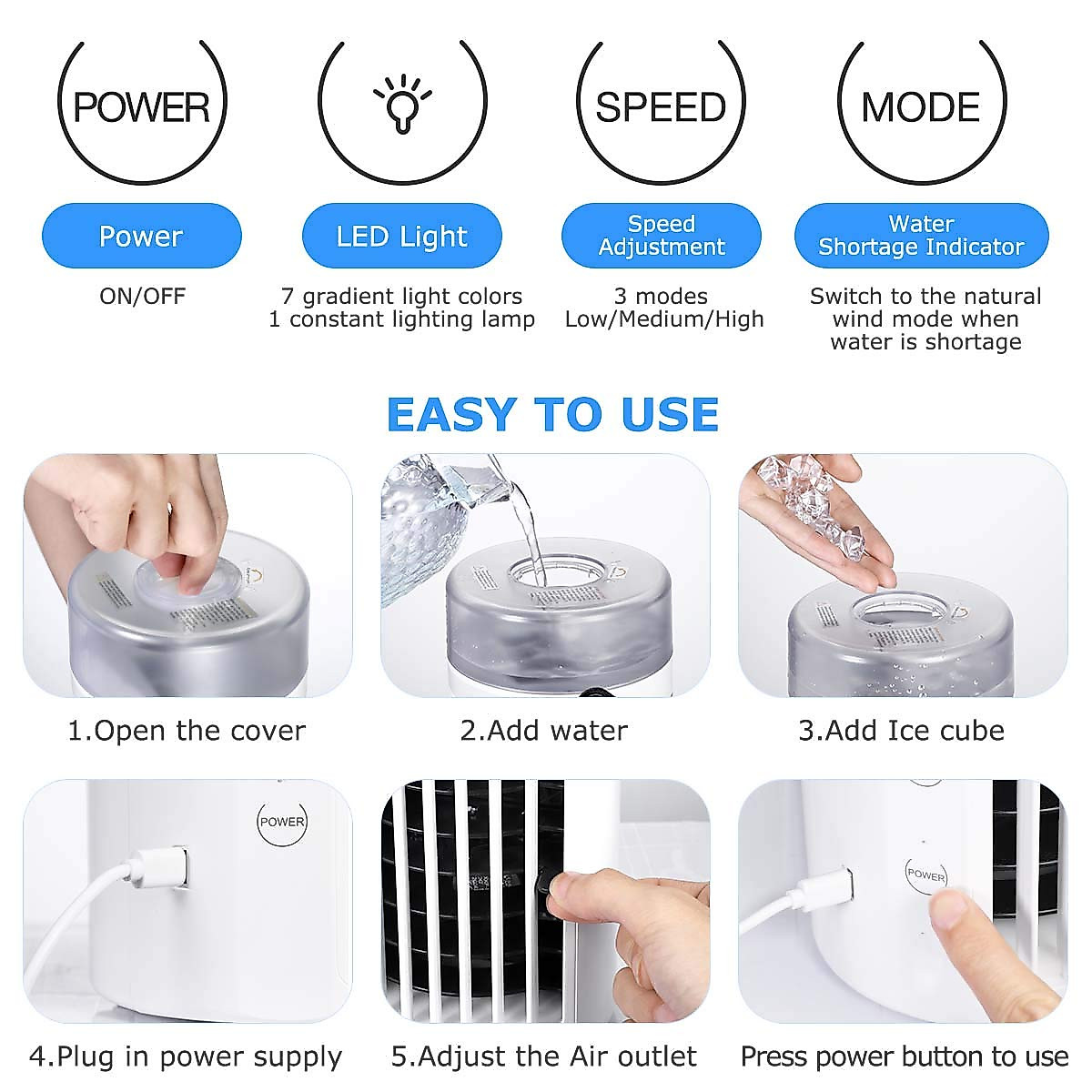 VOSAREA Portable Air Cooler 4 in 1 Mini Air Conditioner Fan Air Cooling Fan Air Misting Cooler for Room Office