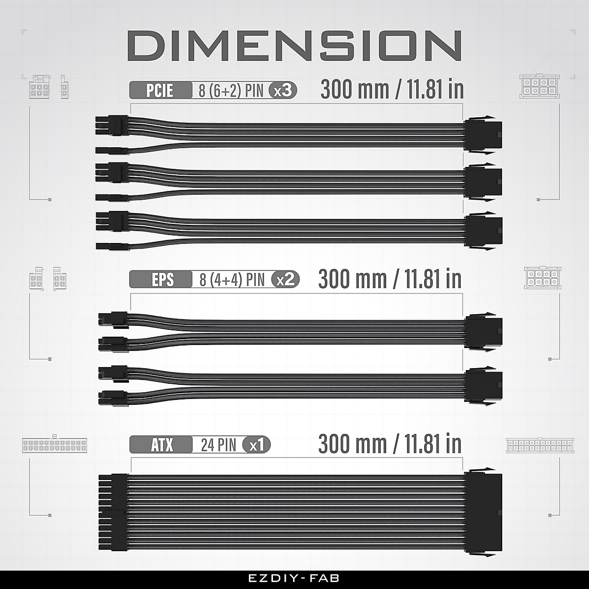 EZDIY-FAB PSU Cable Extension Sleeved Custom Mod GPU PC Power Supply Soft Nylon Braided with Comb Kit 24PIN/3x 8PIN to 6+2Pin/ 2X 8PIN to 4+4PIN-300MM/11.8in - Black