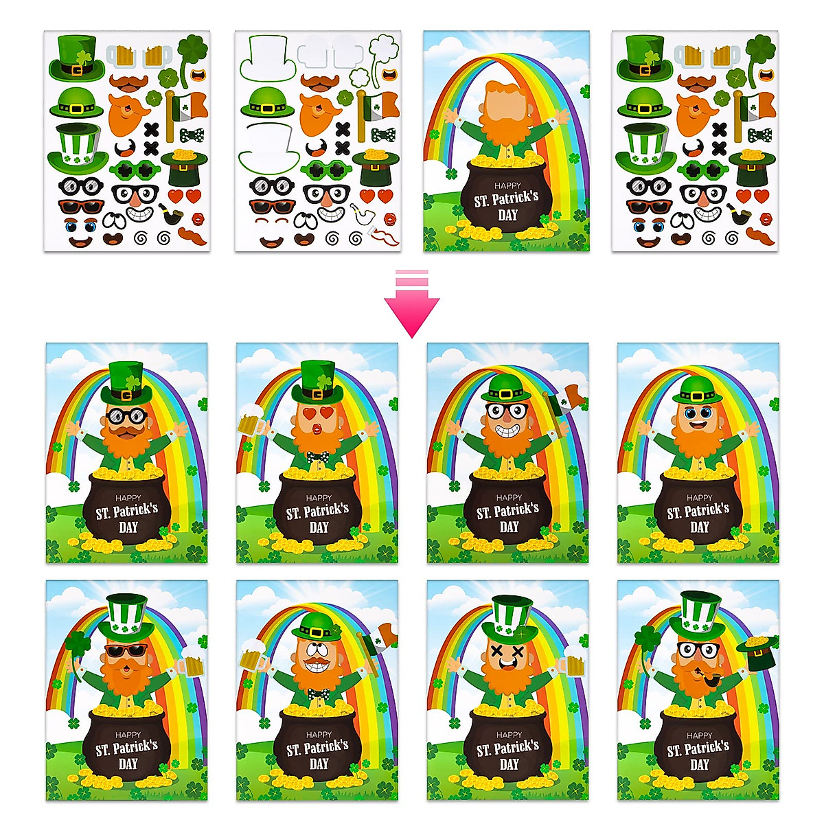 SICOHOME St. Patrick's Day Craft Sticker for Kids 12pcs Make Your Own Leprechaun Face Stickers St. Patricks' Day Party Game Activities for Kids Party Supplies Classroom Activities