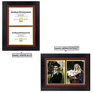 Golden State Art, 14x20 Double Diploma Frame, Black Frame to Dispalay Double 8.5x11 Document with Red Over Gold Mat, Solid Wood & Tempered Glass Protection