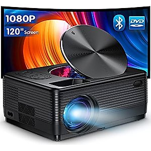 Mini Projector for iPhone, 1080P Bluetooth DVD Projector with Built in DVD Player with 120 inches Screen, Led Portable Video Projector for Outdoor Family Movie Night Compatible Phone/HD/USB