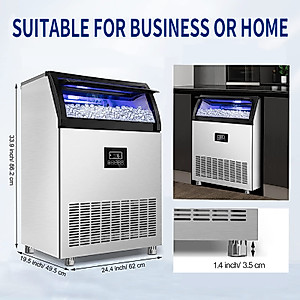 Commercial Ice Maker, 250Lbs/24H Under Counter Ice Machine with 77Lbs Storage Bin, 90 Ice Cubes in 11Min, Stainless Steel Freestanding Ice Making Machine for Business, Water Filter and Scoop Included
