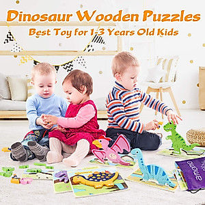 6 Pieces Set of Wooden Dinosaur Puzzles for Children 1-5 Years Old, Wooden Puzzles for Montessori Learning for Toddlers, Preschool Educational Toys, 3D Dinosaur Puzzles for Boys and Girls Gift