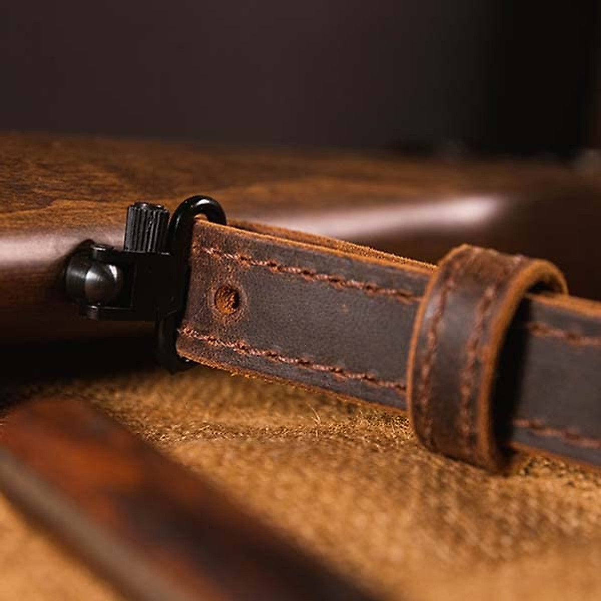 Nohma Leather Buffalo Leather Rifle Gun Sling, Crazy Horse/Brown Stitch, Amish Handmade 1" Width - Made in The USA