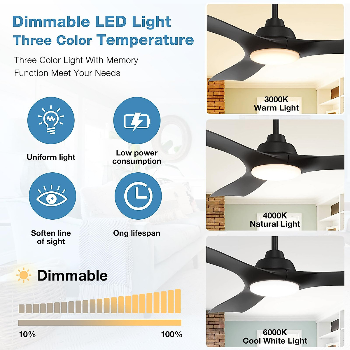 warmiplanet Ceiling Fan with Lights Remote Control, 42-Inch, DC Motor, 6 Speed, Dimmable LED Light, Black, 3-Blades