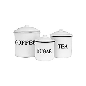 Creative Co-Op Farmhouse Enameled Metal Containers with "Coffee", "Tea", and "Sugar" Messages, White and Black, Set of 3 Sizes