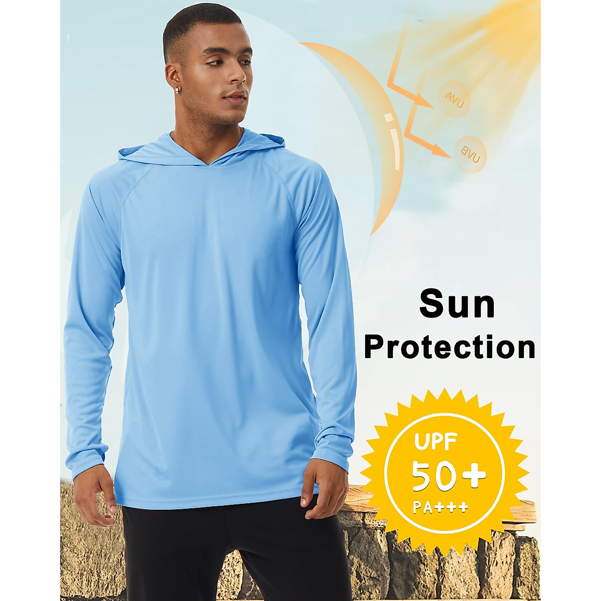 BIYLACLESEN Active Shirts Men Long Sleeve Sun Protection Hoodie Outdoor Performance T-Shirts Quick Dry Fishing Shirts Running Shirts Blue