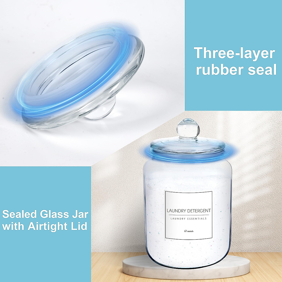 SLICHIO Glass Jar for Laundry Room Organization and Storage Jars with Airtight Lid 2 Pack Half Gallon Glass Containers for Laundry Pods, Laundry Detergent, Dryer Sheet with Labels Spoons and Pen