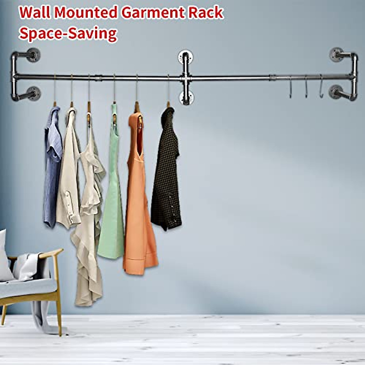 Rebala Industrial Pipe Clothing Rack 70.86" Length,Wall Mounted Clothes Rack,Max Load 132Lb Metal Commercial Garment Bar Space-Saving,Laundry Room Decor,Multi-Purpose Hanging