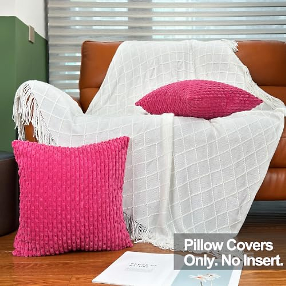 16x16 Throw Pillow Covers Set of 2, Decorative Boho Covers for Bed, Couch Fluffy Pillow Cover for Living Room, Neutral Home Décor Accent for Sofa - Hot Pink