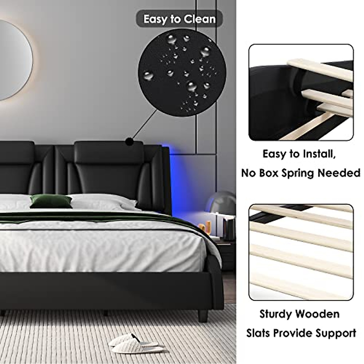 Keyluv Modern Upholstered Bed Frame with Adjustable LED Headboard, Pu Leather Platform Bed with Wave-Like Curve Design and Solid Wooden Slats Support, No Box Spring Needed, Noise Free, Queen, Black