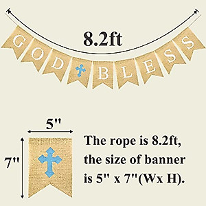 FAKTEEN God Bless Burlap Banner Baptism First Communion Decorations for Boys Confirmation Centerpiece Decor Baby Shower and Birthday Party Supplies