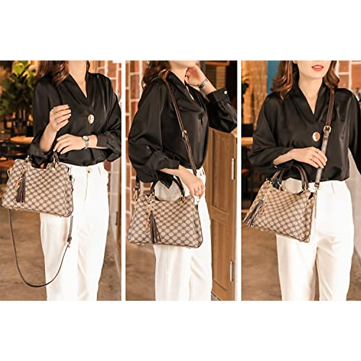 Eightown Beige Tote Bag for Women - Designer Top Handle Bag with Flowers Printing - High-capacity Shoulder Purse with Tassel Pendant(Brown strap)