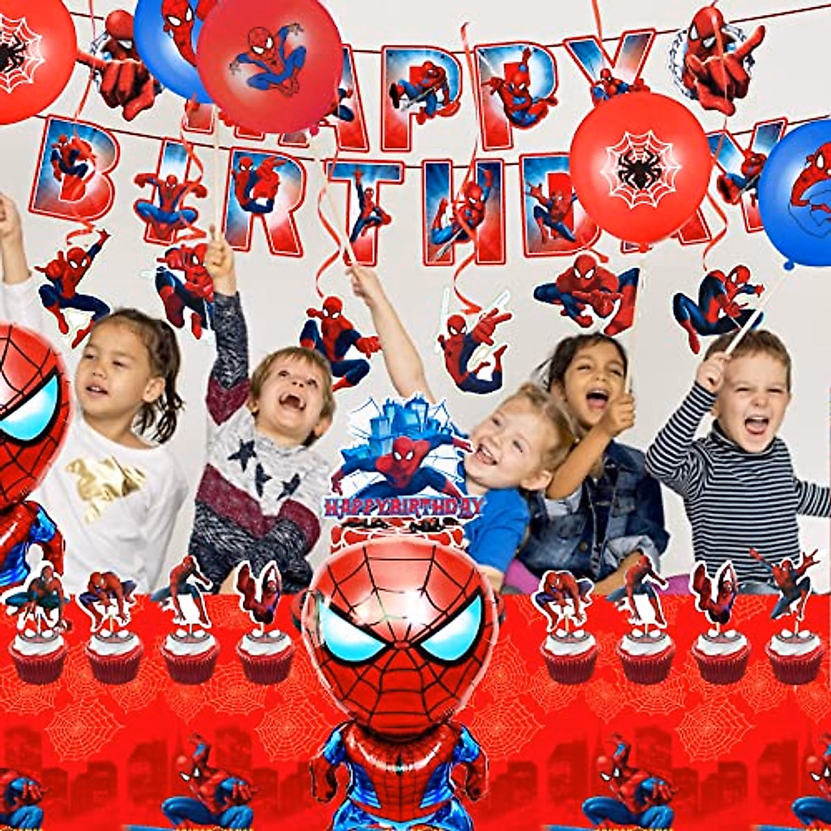 53 Pcs Spidey-men Birthday Decorations Party Supplies Include Happy Birthday Banners, Tablecloths, Cake Toppers ,Cupcake Toppers, Balloons, Hanging Swirls Superhero Birthday Party Supplies