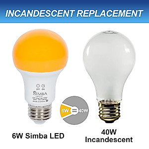 Simba Lighting Bug Non-Attracting Yellow LED Bulb 6W 40W Equivalent, Great for Outdoor Porch Light, Night Light, Dusk-to-Dawn Smart Sensor Auto On/Off, Amber Warm 2000K, A19 E26 Medium Base, Pack of 2