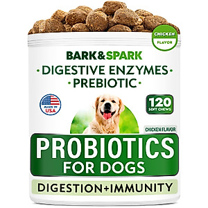 BARK&SPARK Dog Probiotic Chews - Gas, Diarrhea, Allergies - Enzymes + Prebiotics - Chewable Fiber - Digestion, Immunity - USA Made - 90 Ct - BeefLiver