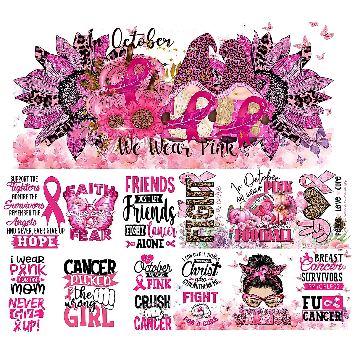 UV DTF Cup Wrap for Glass 16oz, 5 Sheetes uvdtf Breast Cancer Awareness Transfers Stickers Cup Decals, Rub on Transfers Glass Cup Stickers for Tumbles Crafts, Permanent Adhesive, No Heat Needed