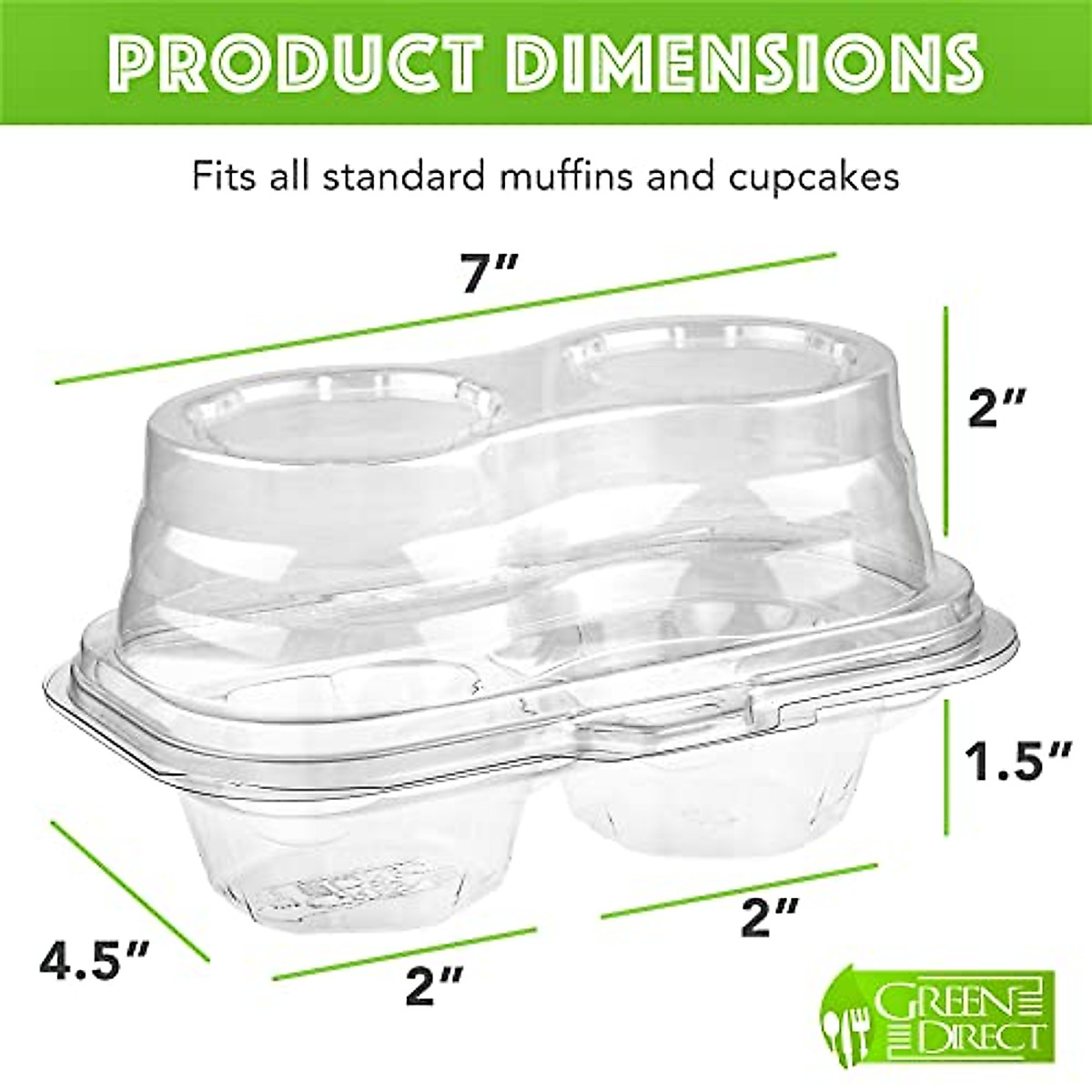 Green Direct 2 Compartment Disposable Cupcake Containers | Clear Cupcake Boxes Airtight | Stackable Cupcake Holders With Lid | Cupcake Plastic Containers Dome Cupcake Carrier BPA Free (50)