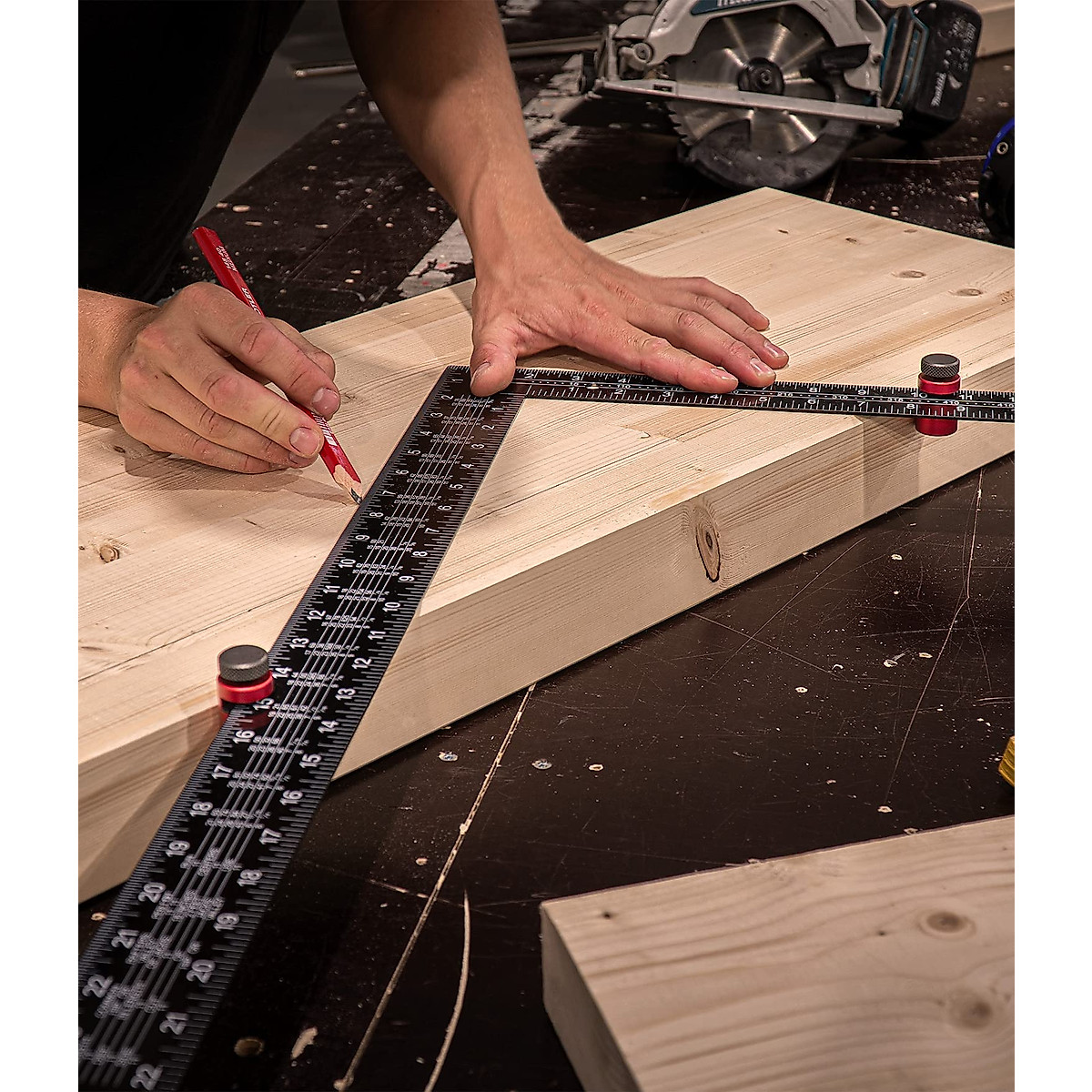 Simon Tools - Stair Gauges for Framing Square | Extra Tall 𝗡𝗼𝗻-𝗦𝗹𝗶𝗽 Framing Square Stops with Holder, Framing Tools for Speed Square