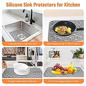 Silicone Sink Mat with DIY Drain Hole 26''x14'' Sink Protectors for Kitchen Sink Non-slip Heat Resistant Sink Protector Grid Accessory for Bottom of Farmhouse Stainless Steel