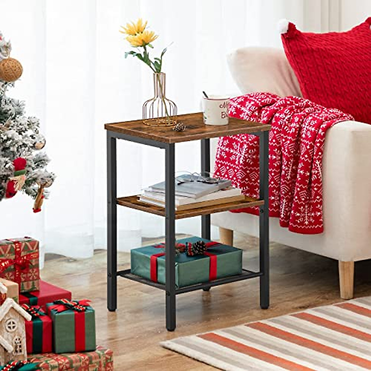 HOOBRO Nightstands Set of 2, 3-Tier Side Table with Adjustable Shelf, Industrial End Table for Small Space in Living Room, Bedroom and Balcony, Stable Metal Frame, Rustic Brown BF12BZ01