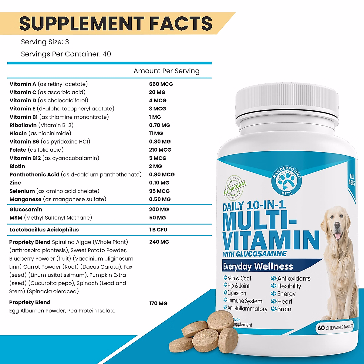Wanderfound Pets 10-in-1 Dog Multivitamin, Chewable Dog Vitamins with Glucosamine, D3, and MSM, Dog Health Supplies for Immune System and Joint Health, Liver Flavor, 60 Tablets