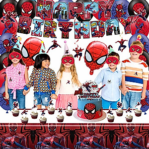 Spider Birthday Decorations, Spider Birthday Party Supplies Include Banner, Balloons, Spider Masks, Spider Stickers, Tablecloth and Backdrop for Girls Boys Birthday Party Decorations