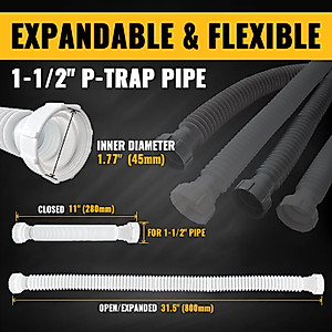 HJUNFSENZ Expandable Molded Flex P-Trap Pipe 1-1/2" (White) | Kitchen Sink drain kit, Garbage Disposers & Bathroom shampoo basin drain