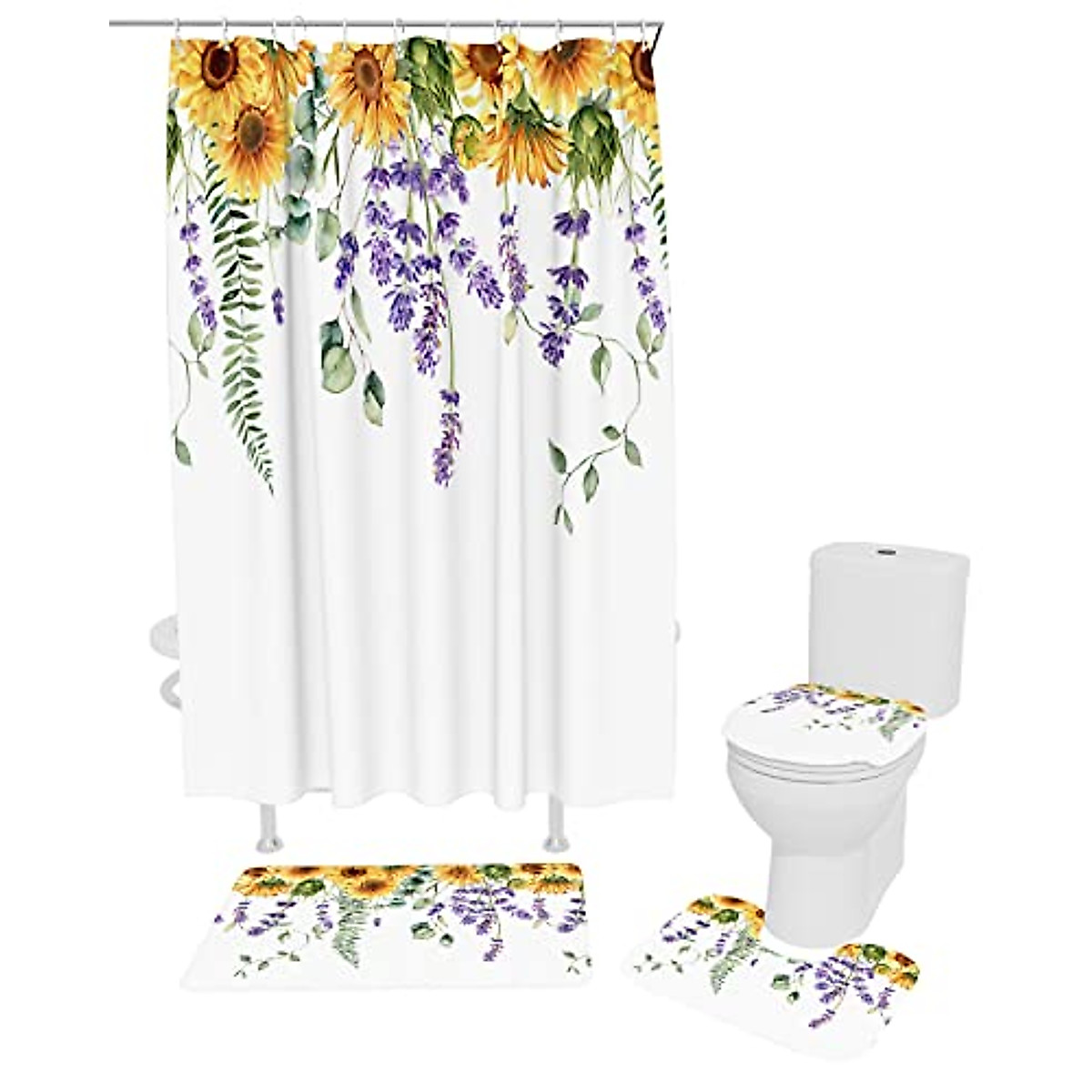 MUSEDAY 4Pcs Shower Curtain Sets with Non-Slip Bath Rugs, Absorbent Toilet Lid Cover Flowers Durable Waterproof Bath Curtain Decor Set Sunflower Lavender Flower Eucalyptus Leaves