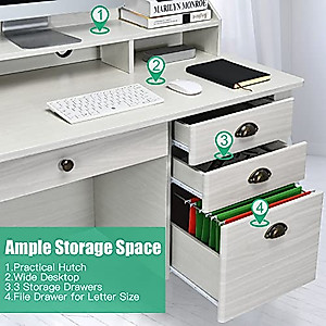 GLOBALWAY 2 Tier Shelves, Study and Writing Three Side, Laptop Table with a Smooth Slide-Out Long Drawer, for Home &Office Computer Desk, White