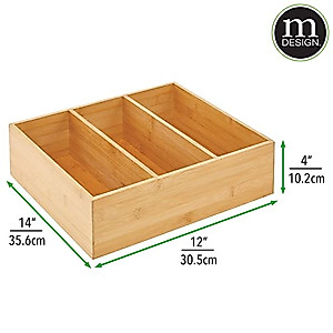 mDesign Bamboo Kitchen Pantry Organizer Bin Box, 3 Sections - Wooden Stackable Basket Crates for Food, Produce, Vegetable Storage - Use on Shelves or in Closet, Echo Collection, 2 Pack - Natural/Tan
