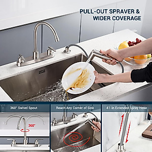 DAYONE Kitchen Faucet with Side Sprayer 2 Handle Brushed Nickel, 8 Inches 4 Holes Centerset Kitchen Sink Faucet, Pull Out Stainless Steel Sink Faucets for RV Laundry Bar with Supply Lines, DAY-CR2001