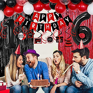 16th Birthday Decorations for Boys Girls,Red and Black 16th Birthday Balloons Banner Number 16 Balloon Hanging Swirls Tablecloth Foil Fringe Curtains For Sweet 16th Birthday Decorations Party Supplies
