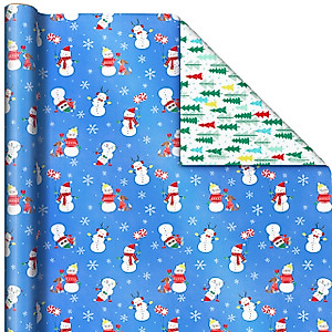 Hallmark Reversible Christmas Wrapping Paper for Kids (3 Rolls: 120 Sq. Ft. Total) Snowmen, Stripes, Trees, Skiing Santa, Zebras, Hedgehogs, Penguins