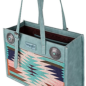 Wrangler Open Shoulder Bag without Zipper Laptop Tote Handbags with Top Handle for Women Turquoise Colour Aztec Printed Canvas Adjustable Strap Hobo Bag L14.5",WG52-8250TQ