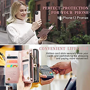 CASEME for iPhone 14 Pro Max Case Wallet Case Cover for Women Men Durable 2 in 1 Detachable Premium Leather with 8 Card Holder Slot Magnetic Zipper Pouch Flip Lanyard Strap Wristlet 6.7 Inch Rose Gold