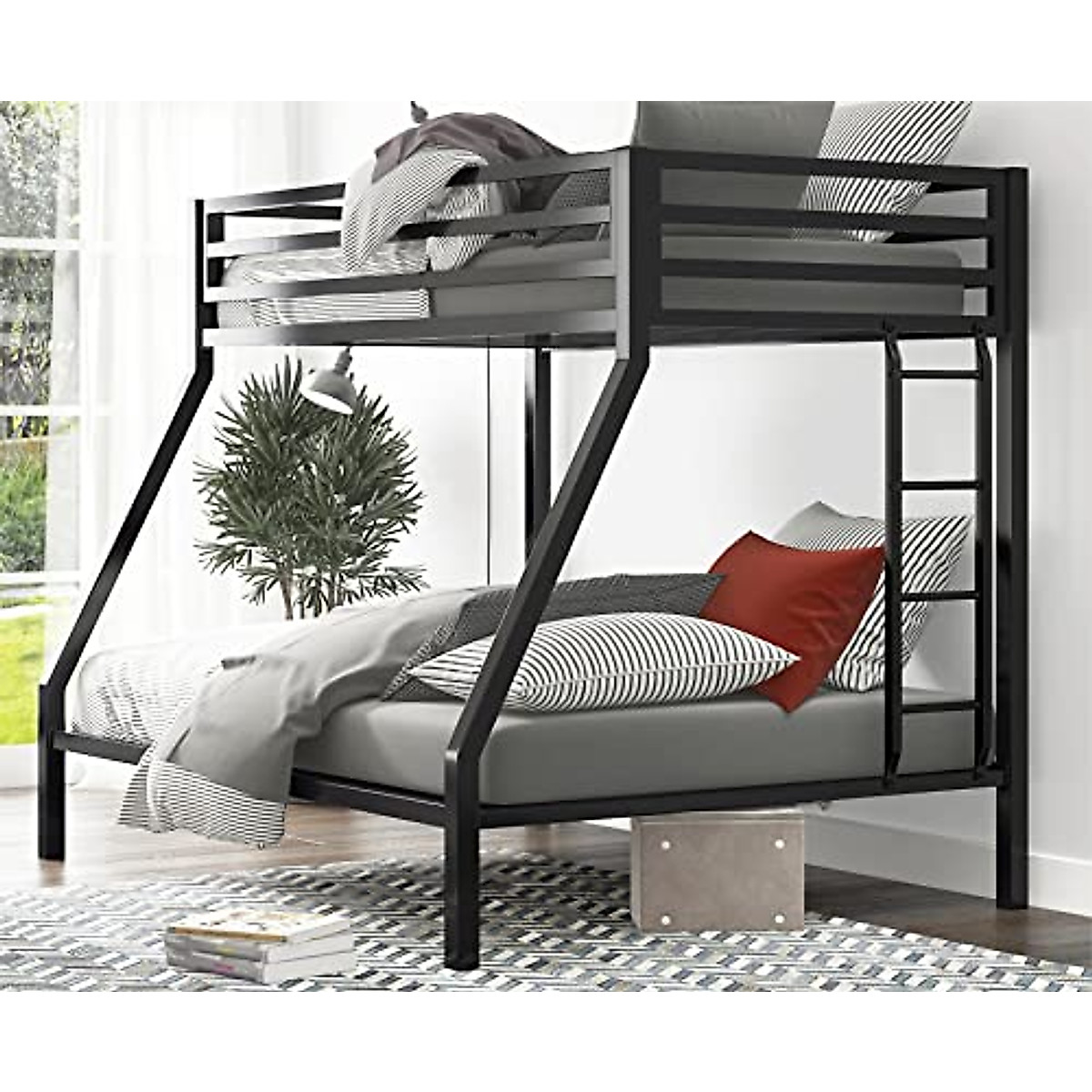 SHA CERLIN Metal Bunk Bed Twin Over Full Size with Removable Stairs, Heavy Duty Sturdy Frame with 12" Under-Bed Storage for Teen & Adults, Teens, No Box Spring Needed, Black