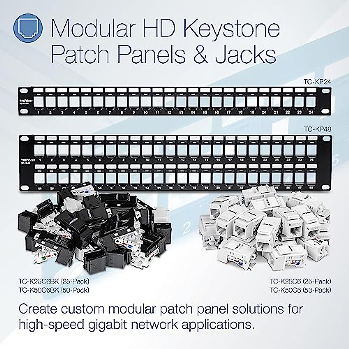 TRENDnet Cat6 Keystone Jack, 25-Pack Bundle, 90° Angle Termination, Compatible with Cat5, Cat5e, Cat6 Cabling, Color-Coded Labeling, Gold-Plated Contacts, Tool-Less Design, White, TC-K25C6