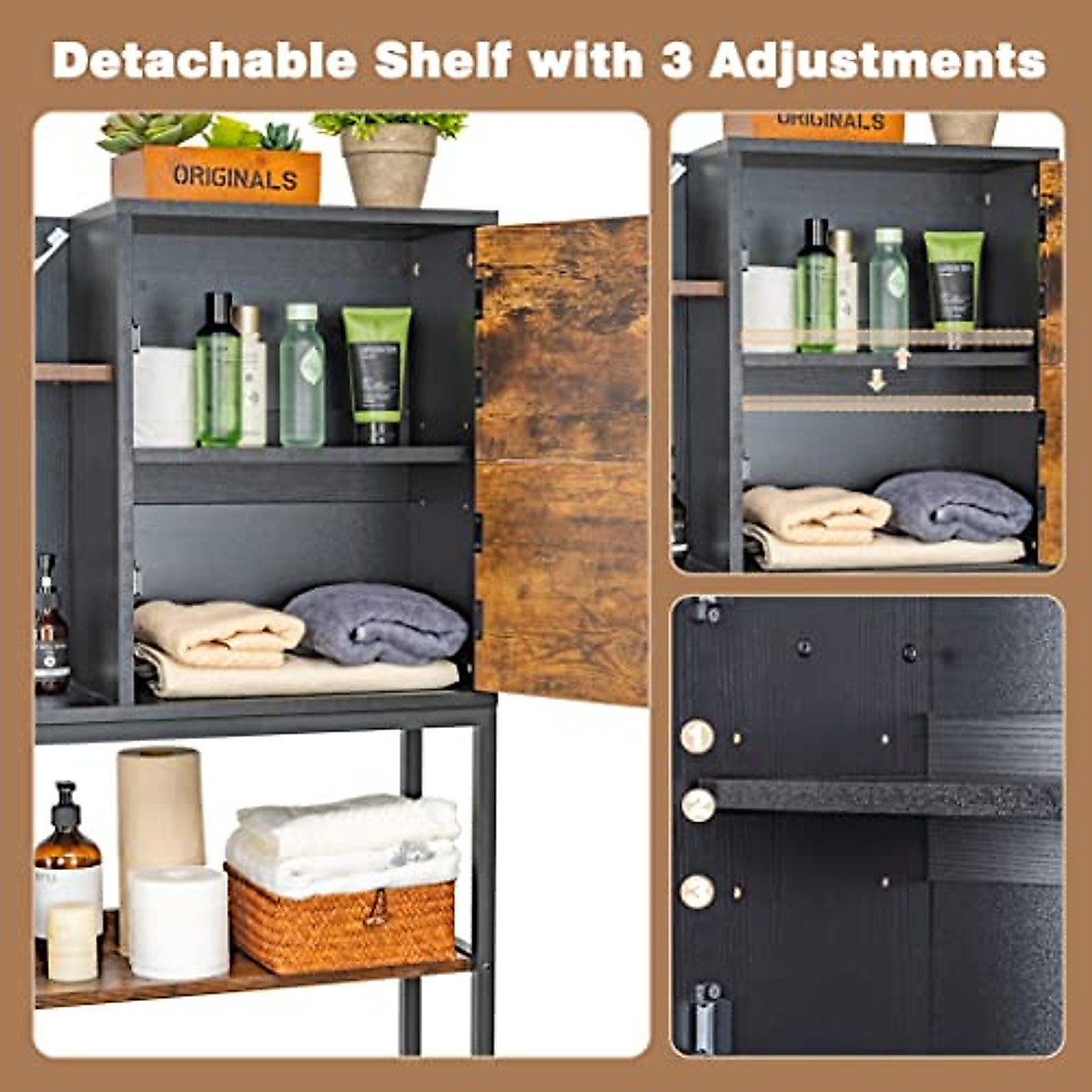 LAVIEVERT Industrial Toilet Storage Rack with Adjustable Shelf, 4-Tier Bathroom Space Saver with 2 Cabinets, Freestanding Bathroom Organizer Over Toilet for Restroom, Laundry - Rustic Brown