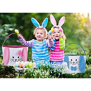 Wproo Easter Bunny Basket Egg Bags for Kids Rabbit Ear Easter Gift Bags Personalized Candy Egg Basket Rabbit with Fluffy Ears for Easter Party Favors (Blue)