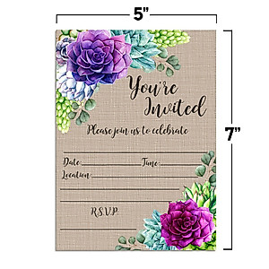 Watercolor Succulent Party Invitations for Birthdays, Baby Showers, Bridal Showers and More! 20 5x7 Fill In Cards with Twenty White Envelopes by AmandaCreation