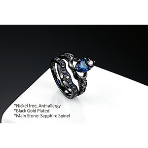 JAJAFOOK Women's Gold Plated Cubic Zirconia CZ Blue Rhinestone Heart Cut Bridal Crown Irish Claddagh Ring